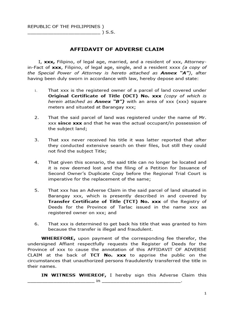 Adverse Claim - by AIF | PDF | Affidavit | Private Law