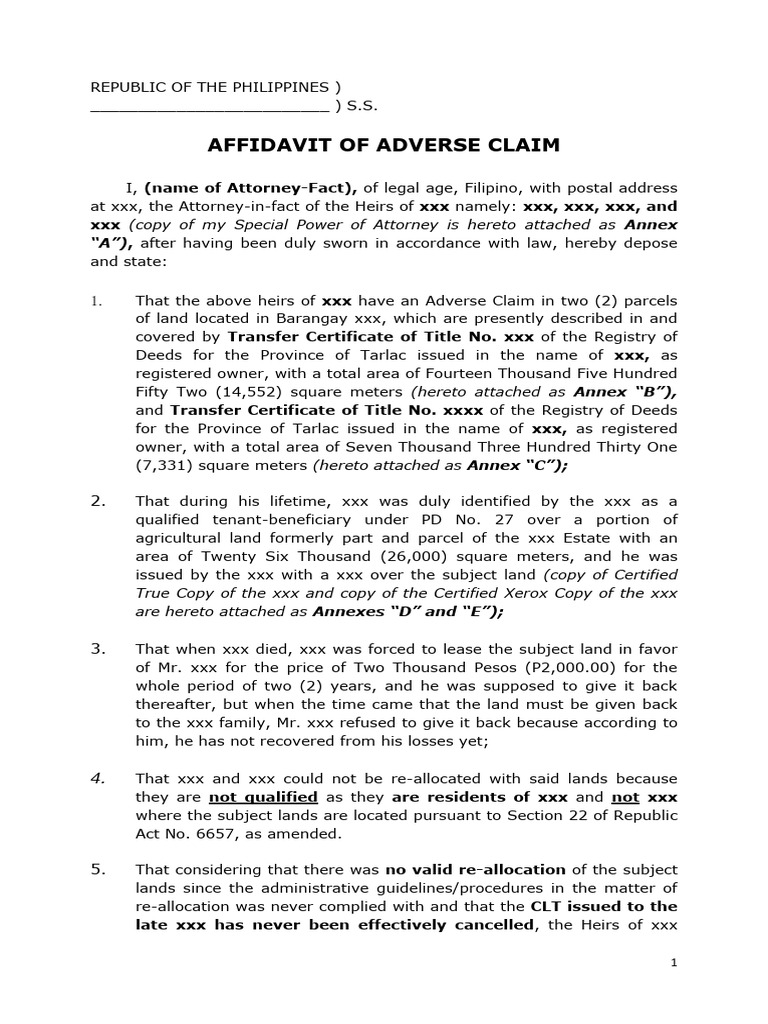Adverse Claim | PDF | Affidavit | Government