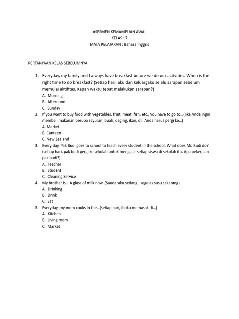 Format Soal ASESMEN KEMAMPUAN AWAL BAHASA INGGRIS KLS 7 - AJAR | PDF