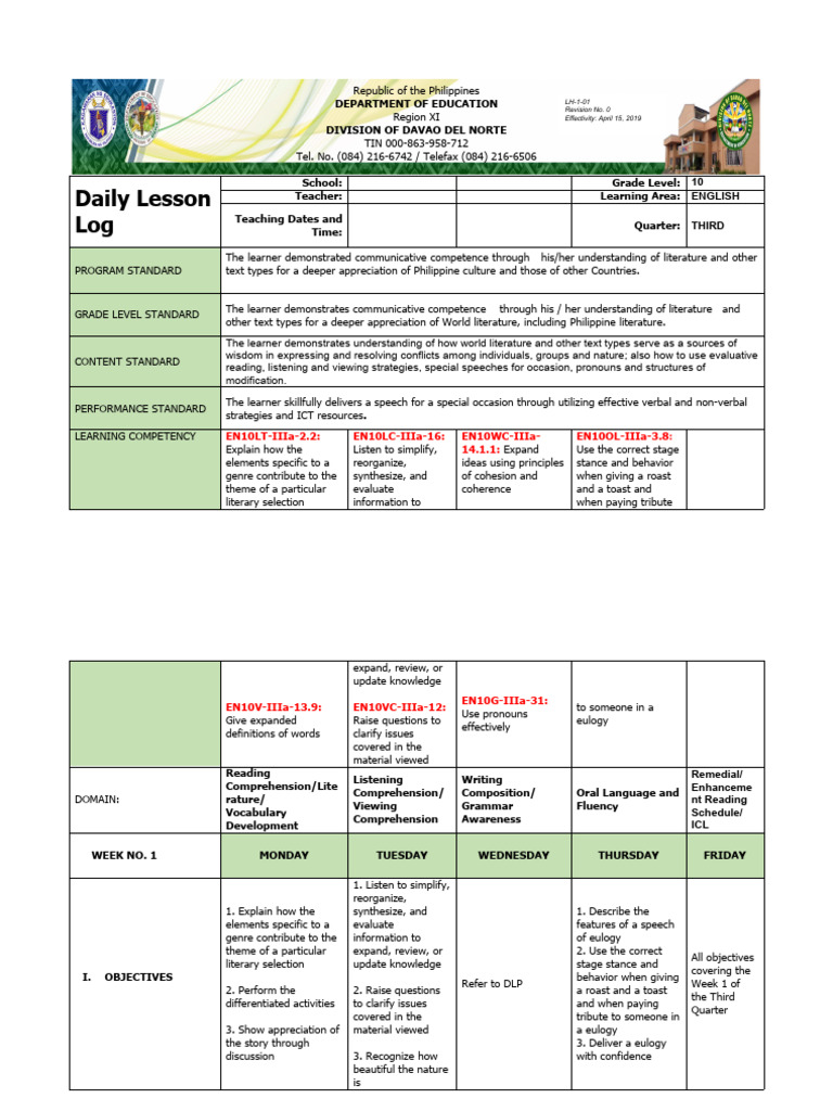 Daily Lesson Log: Department of Education Division of Davao Del Norte ...