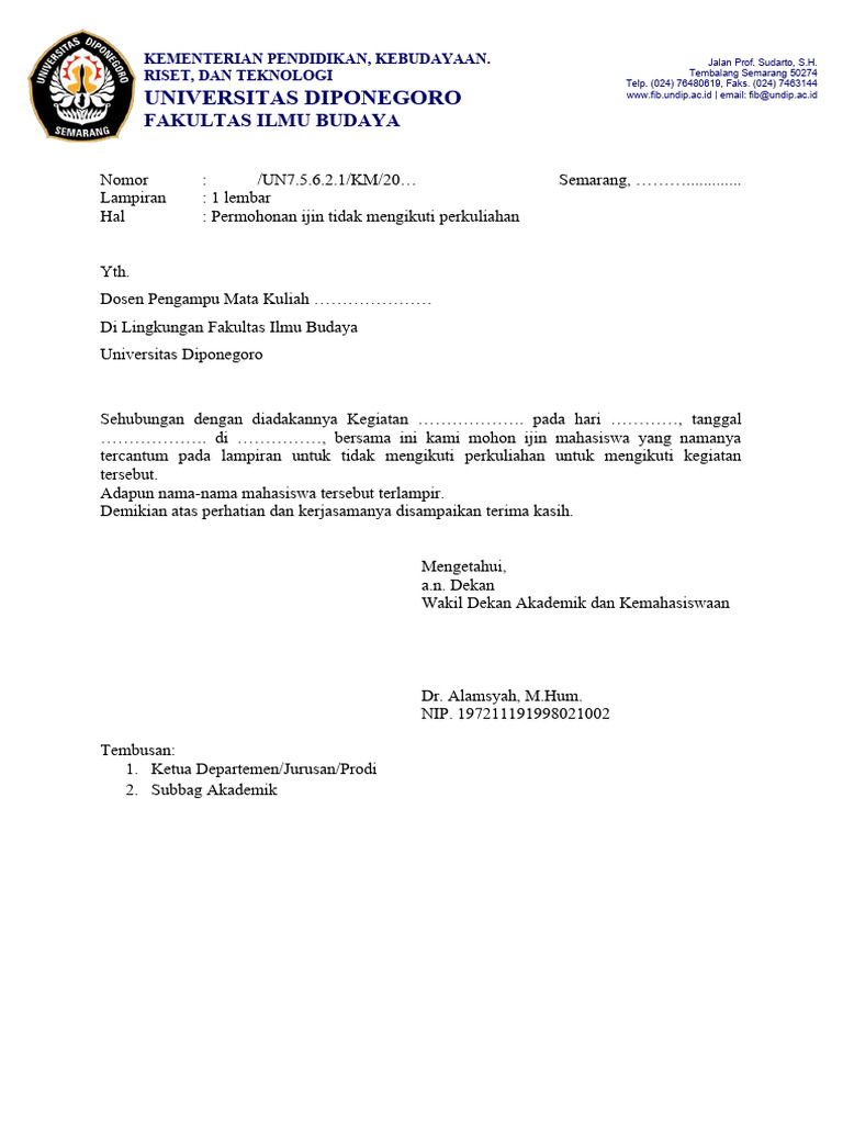 Surat Ijin Tidak Kuliah Ormawa | PDF