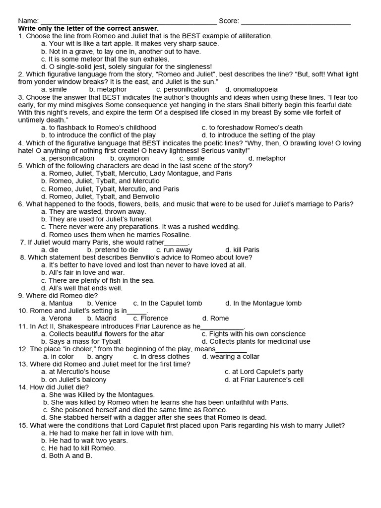 Romeo and Juliet Conflict Quiz | PDF | Characters In Romeo And Juliet ...