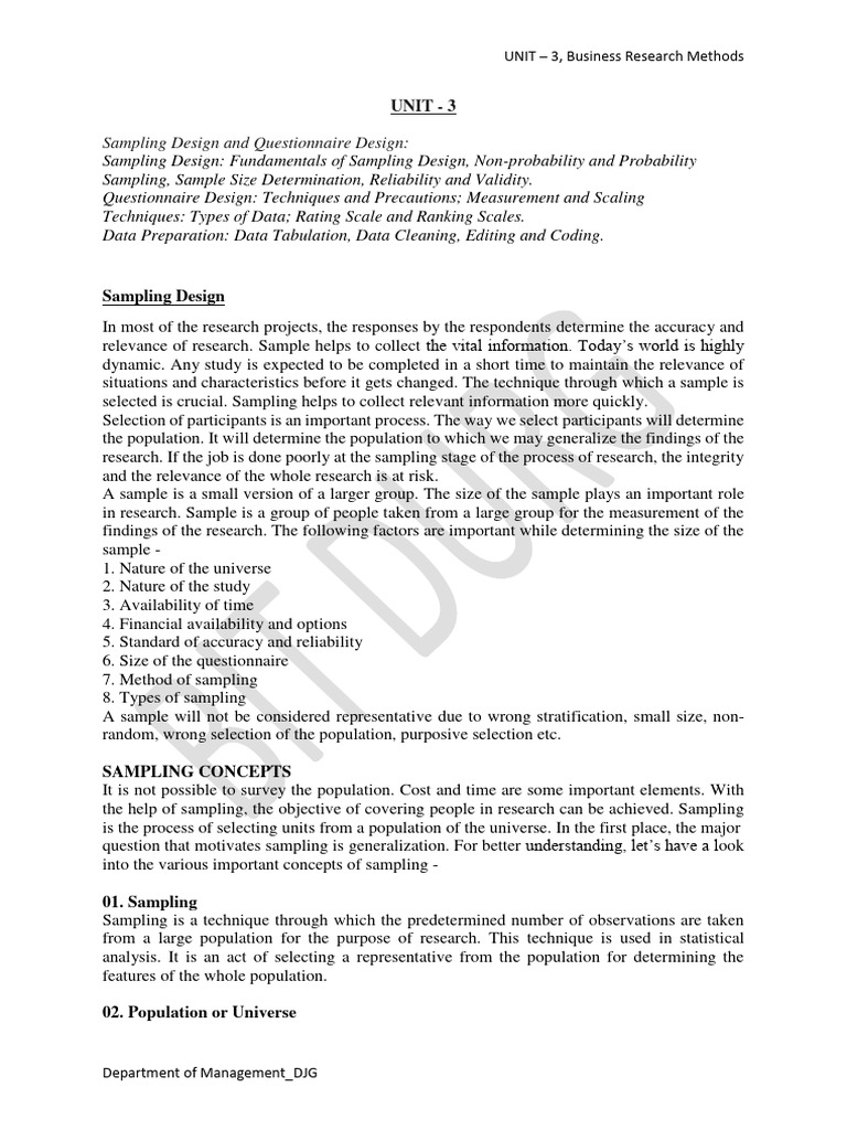 BRM Unit 3 | PDF | Sampling (Statistics) | Questionnaire