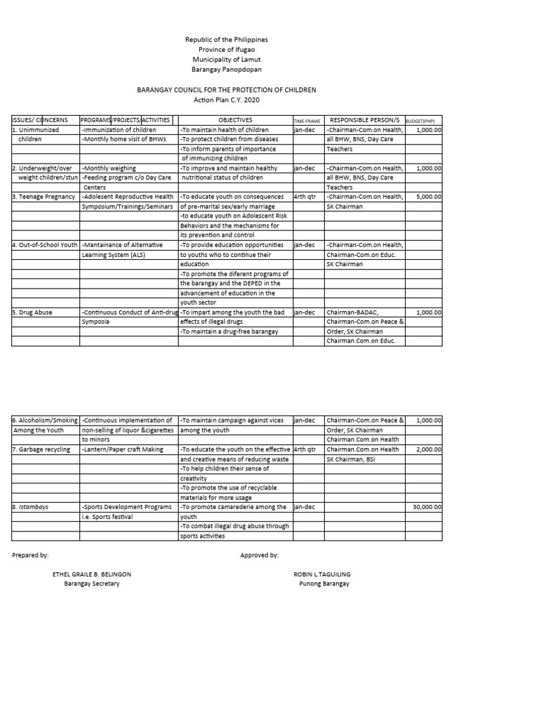 BCPC Action Plan 2020 | PDF | Youth | Adolescence