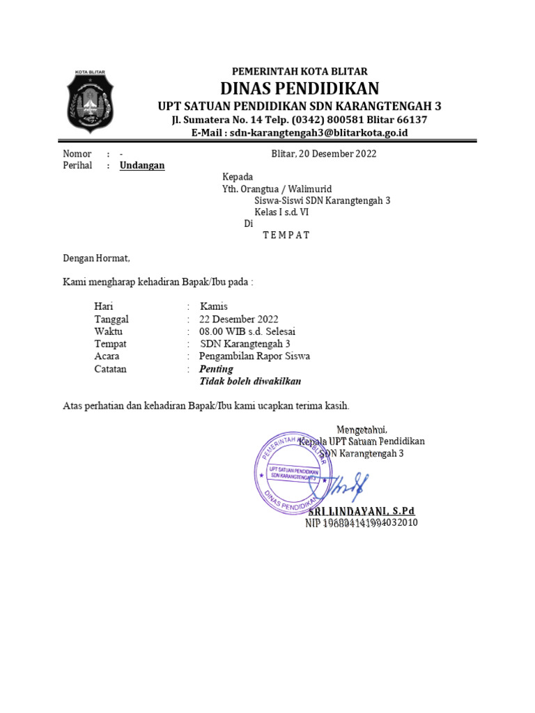 Undangan Penerimaan Raport | PDF