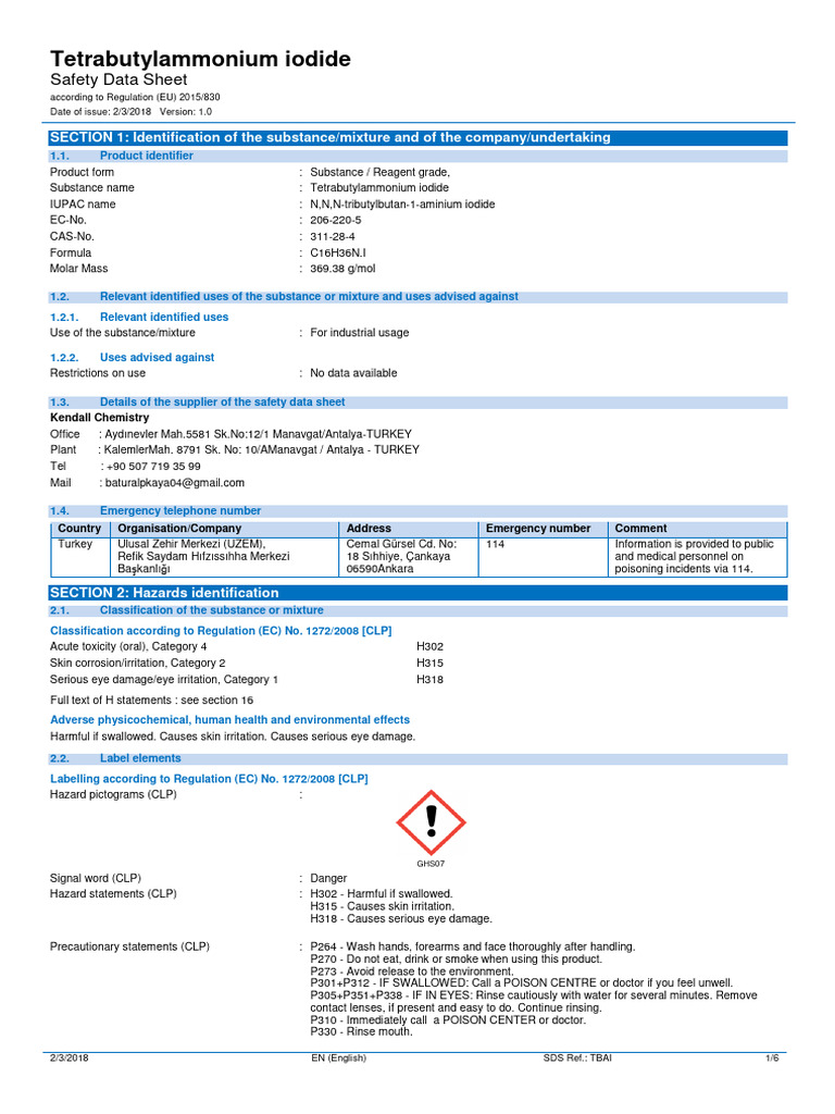 SDS - Tetrabutylammonium Iodide | PDF | Dangerous Goods | Toxicity