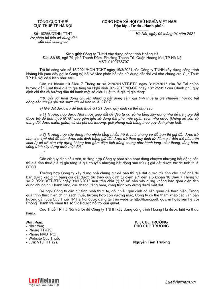2021.04.06 - VB 10255 - Phân bổ tiền sử dụng đất của Nhà chung cư | PDF