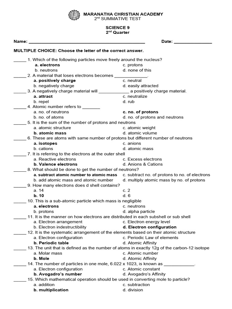 2nd SUM TEST | PDF | Ion | Chemical Compounds