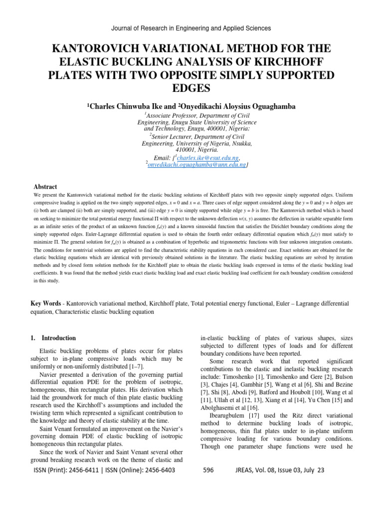 Kantorovich Variational Method For Buckling of SSSS Plate | PDF | Buckling | Calculus Of Variations