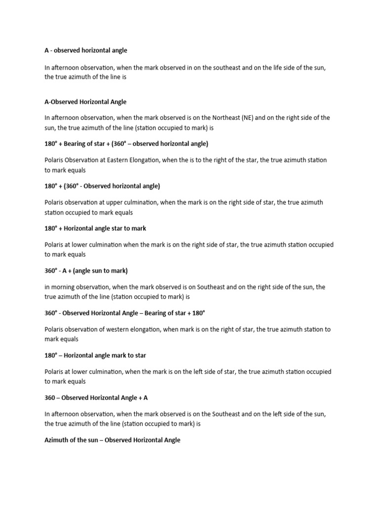 Azimuth and Horizontal Angle Formulas | PDF | Azimuth | Angle