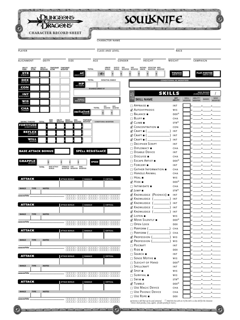 Character Sheet - Soulknife v3.5 | PDF | Role Playing Games | Tabletop Games