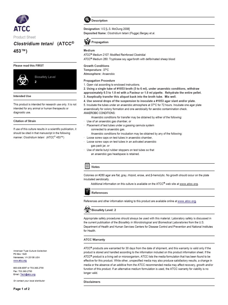 Clostridium Tetani (ATCC: Product Sheet | PDF | Atcc (Company ...
