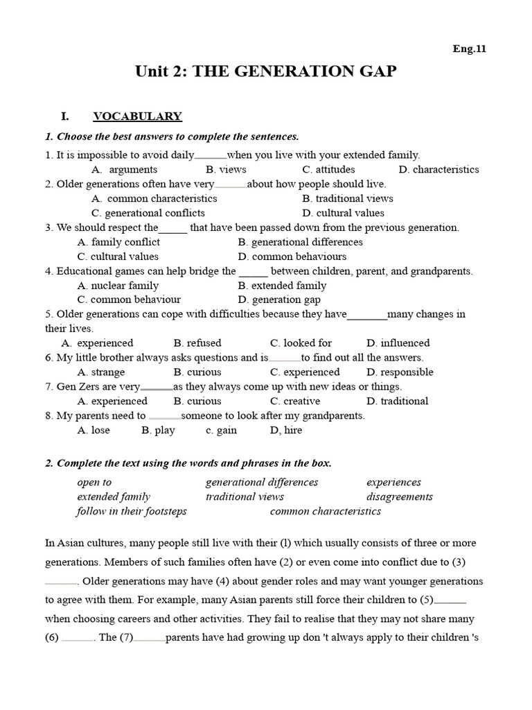 Unit 2: The Generation Gap: I. Vocabulary | PDF