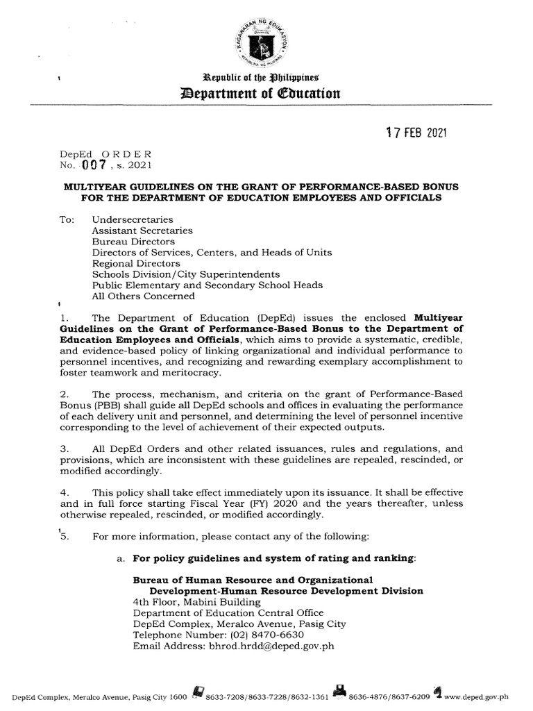 DO 007 s2021 Memo Re Guidelines On The Grant of PBB | PDF | Incentive ...