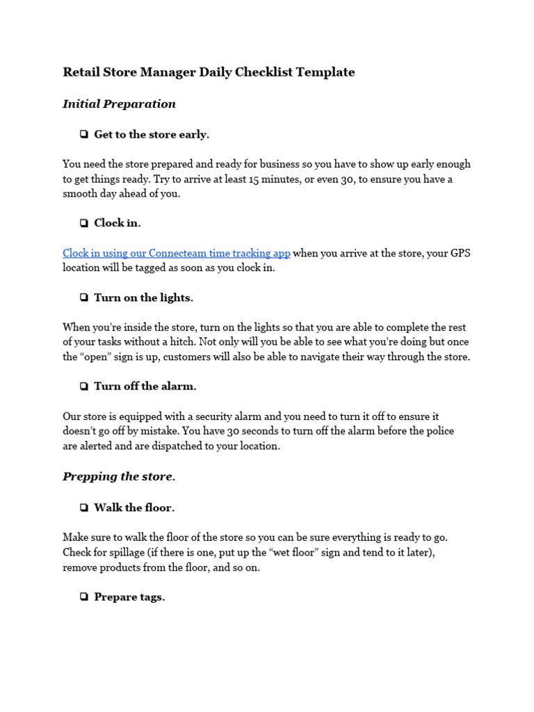 Retail Store Manager Daily Checklist | PDF | Finance & Money Management