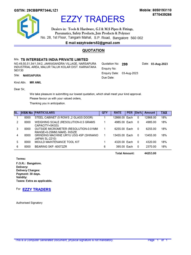 Ezzy Traders Quotation#299 | PDF