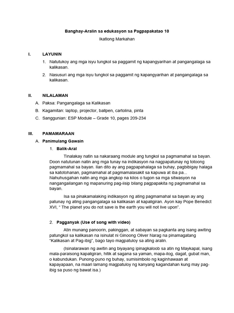 Banghay Aralin Sa ESP 10 | PDF