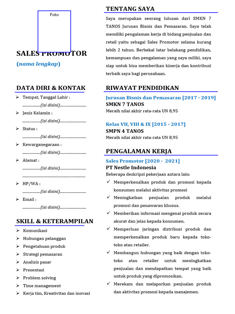 CV Sales Promotor | PDF