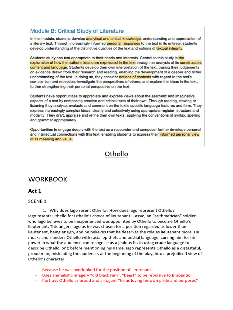 Othello Workbook Questions | PDF | Iago | Othello