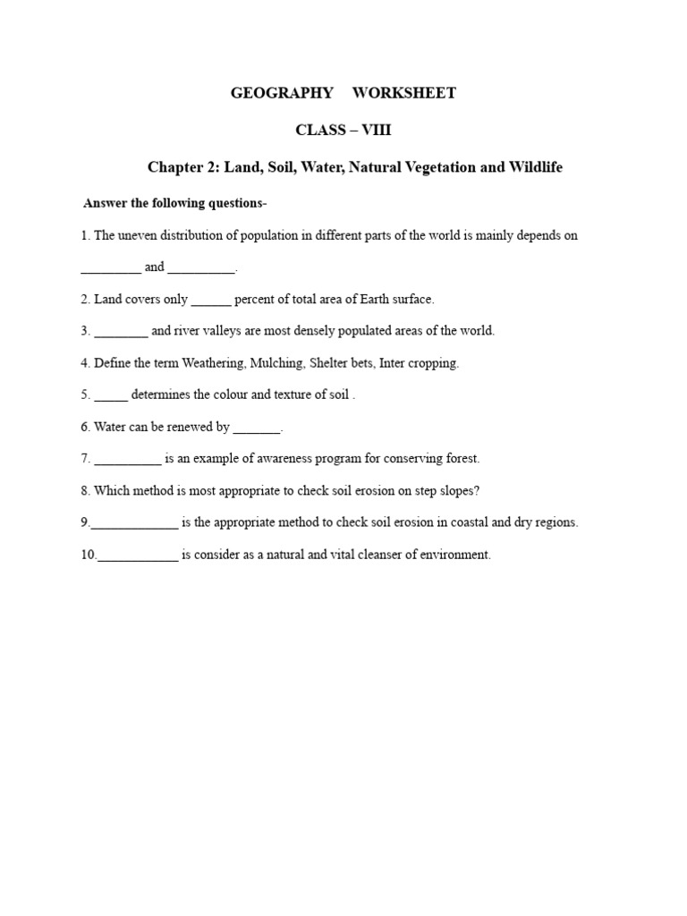 Class 8 Geography Worksheet: Land & Water | PDF | Science & Mathematics