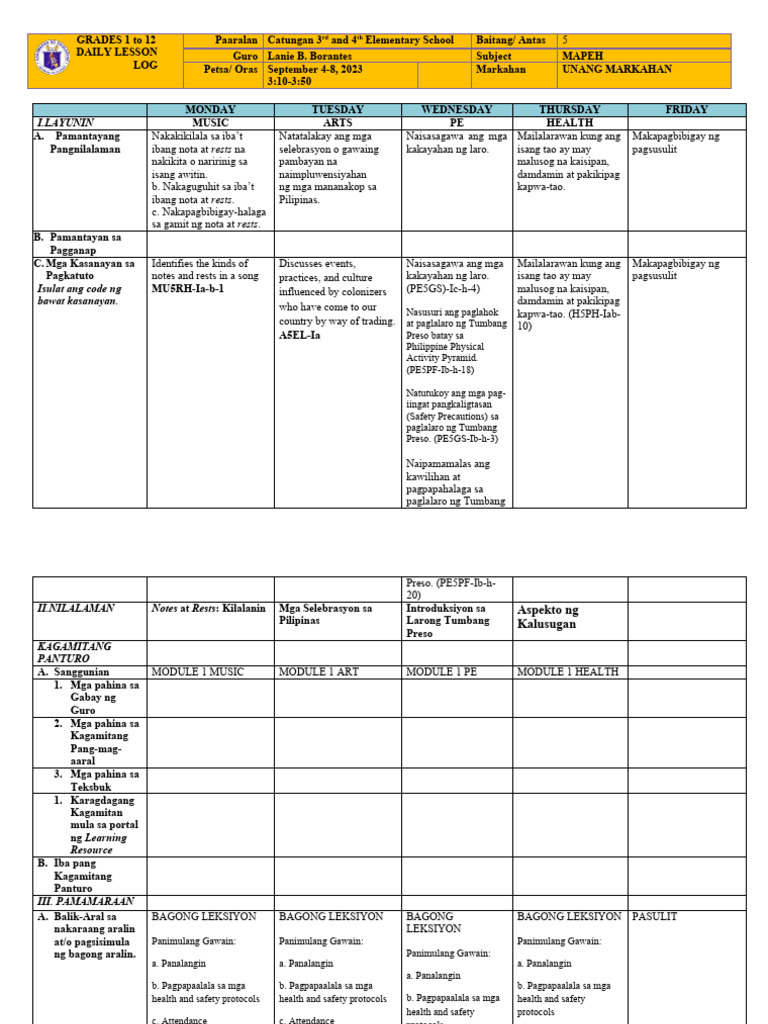 DLL WEEK 1 MAPEH gr.5 | PDF