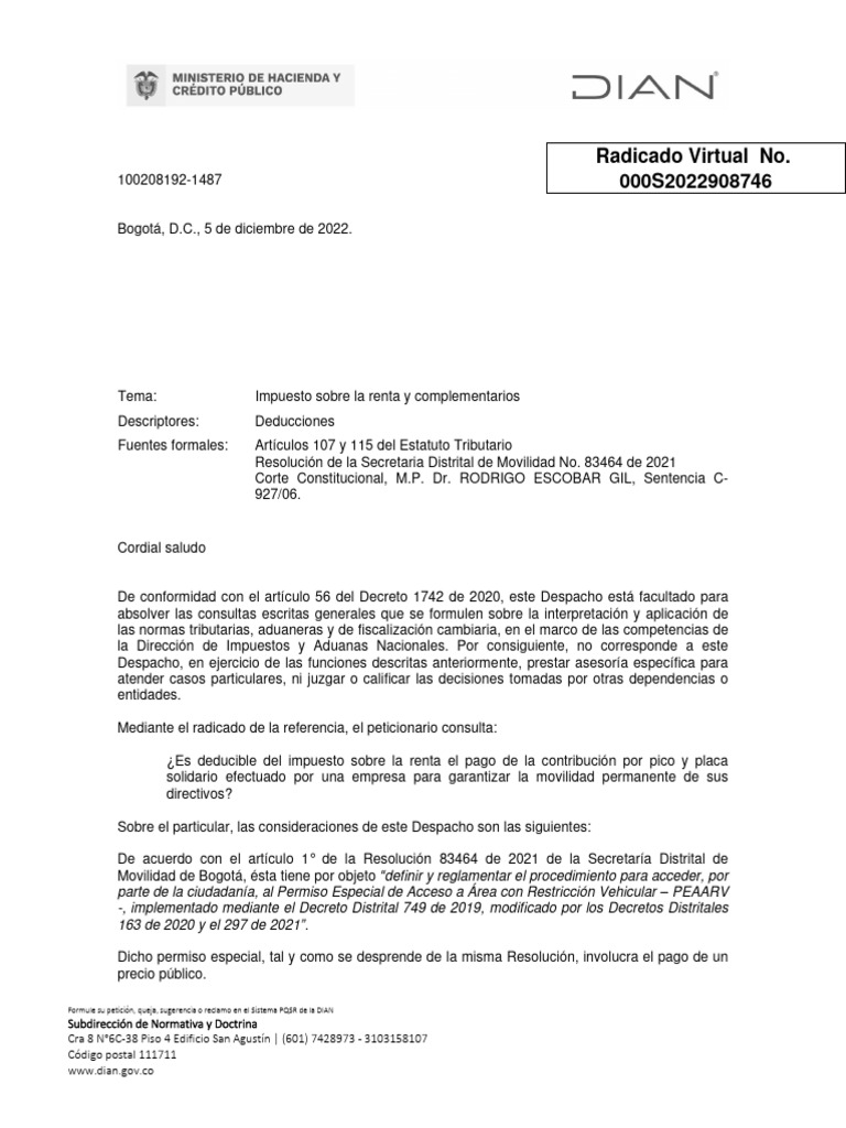Concepto Dian 1487 Del 5 de Diceimbre de 2022 Sobre Deducibilidad Del ...