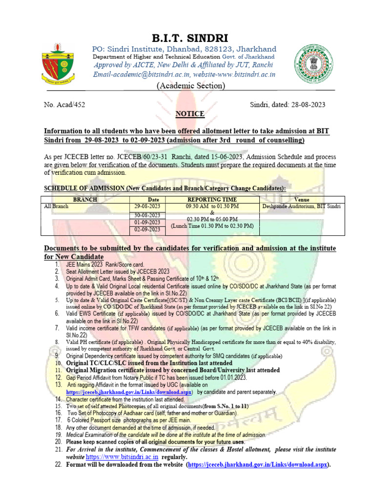 Notice For B.tech 1st Sem Admission For Session 2023 24 Through JCECEB Ranchi 3rd Counselling 1 ...