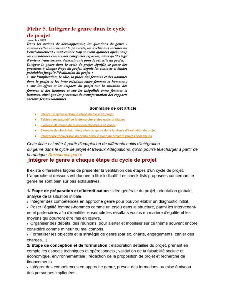 Intégrer le genre dans le cycle de projet | PDF | Sexe | Études des genres