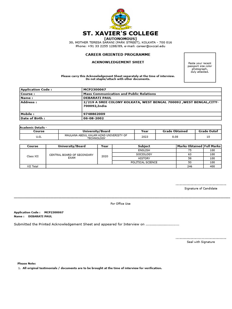 Acknowledgement Sheet SXI | PDF