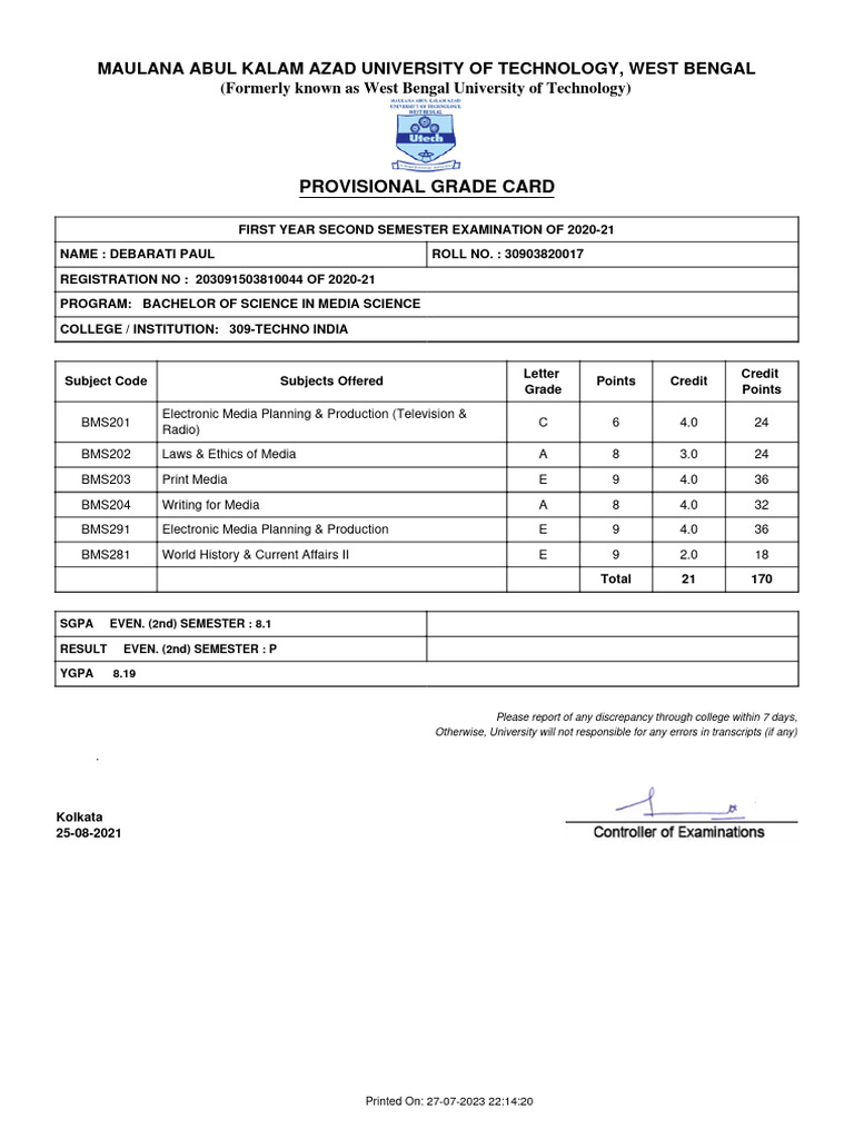 Provisional Grade Card: Maulana Abul Kalam Azad University of Technology, West Bengal | Download ...