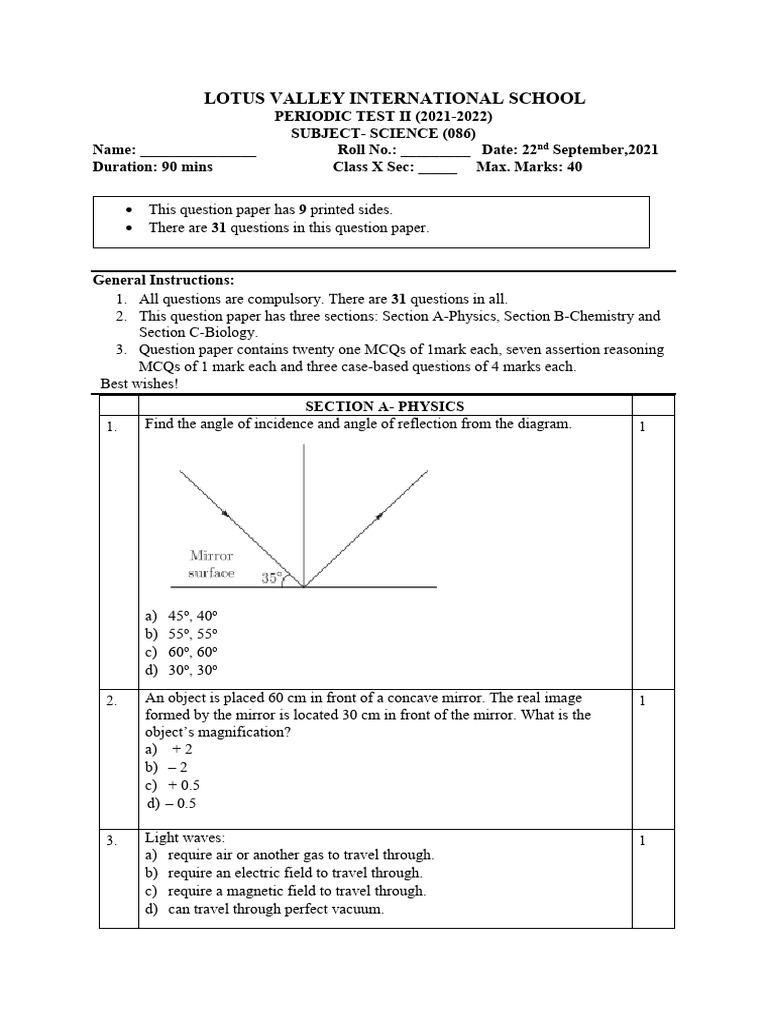 Class 10 (Periodic Test 2) Q Paper | PDF | Redox | Refraction
