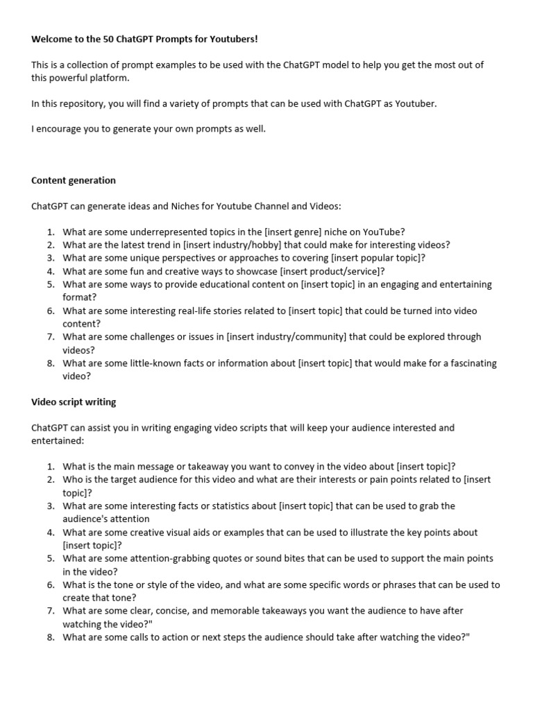 66 ChatGPT Prompts For Youtubers | PDF | You Tube | Human Communication