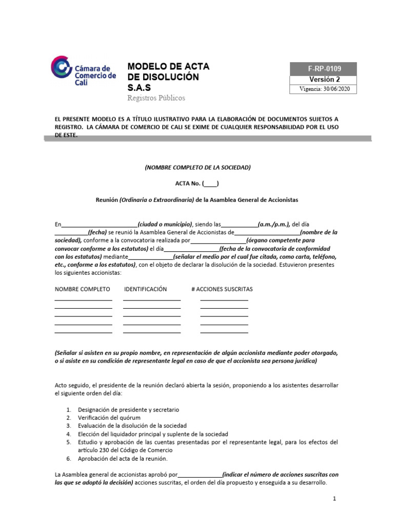 Modelo Acta Disolucion Sas | PDF | Gobierno