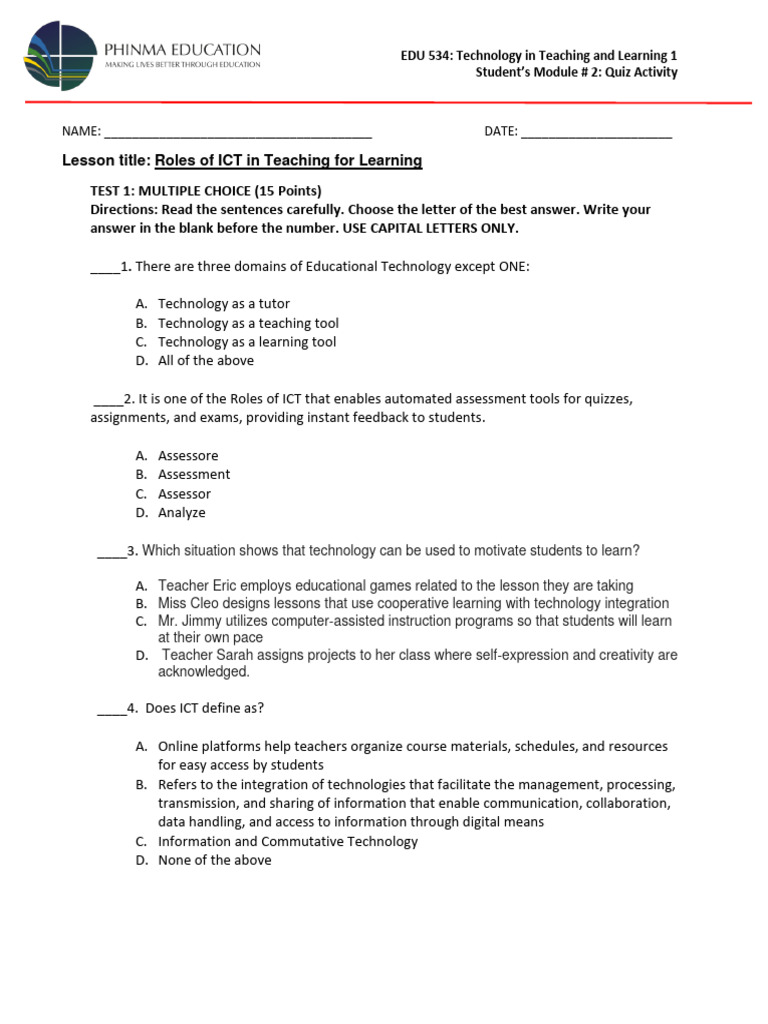 Quiz For Roles of Ict in Teaching For Learning | PDF | Educational ...