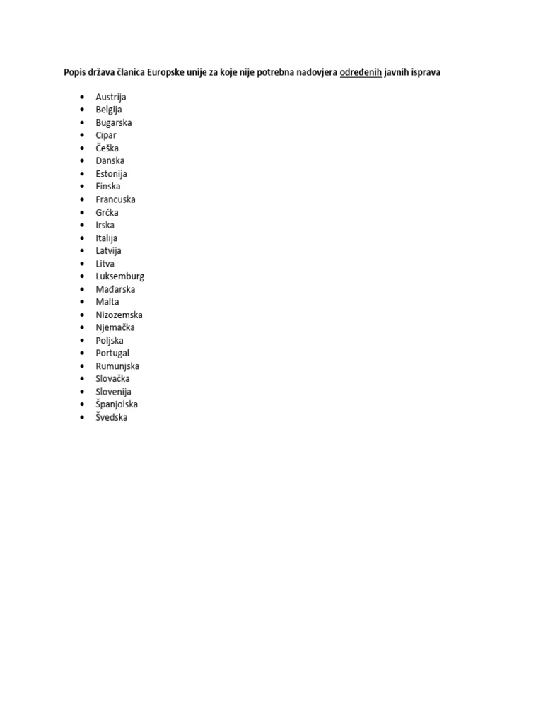 Popis Država Članica Europske Unije Za Koje Nije Potrebna Nadovjera Određenih Javnih Isprava | PDF