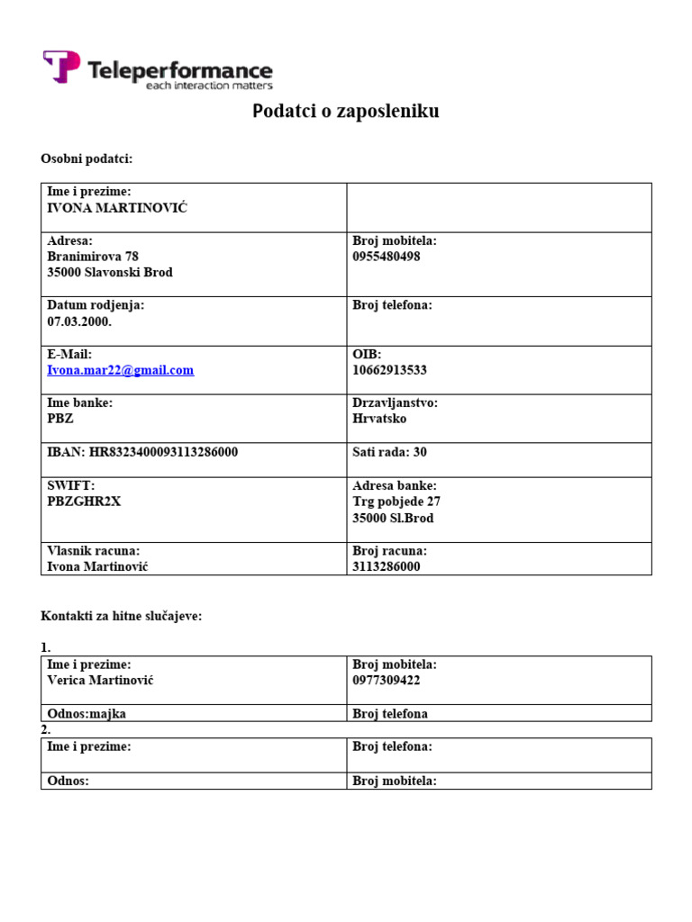 Employee Data Sheet | PDF