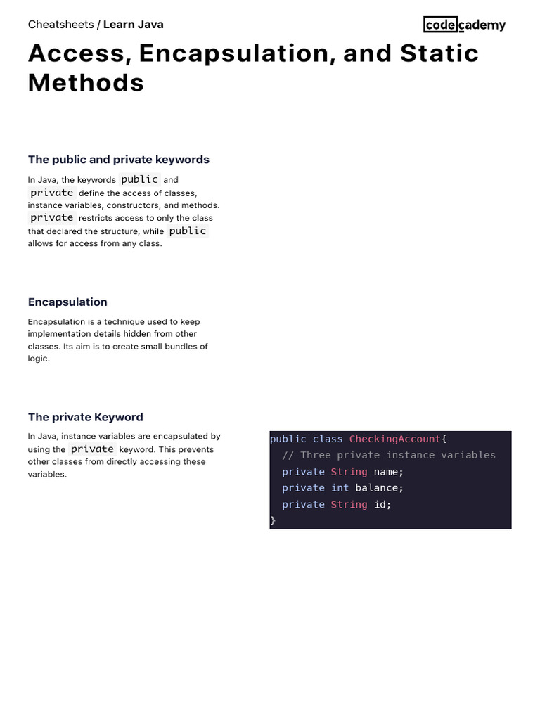 Access Encapsulation And Static Methods Cheatsheet Pdf Class Computer Programming 
