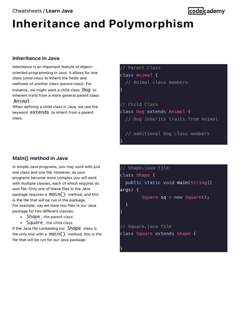 Inheritance And Polymorphism Cheatsheet Pdf Inheritance Object Oriented Programming 8857