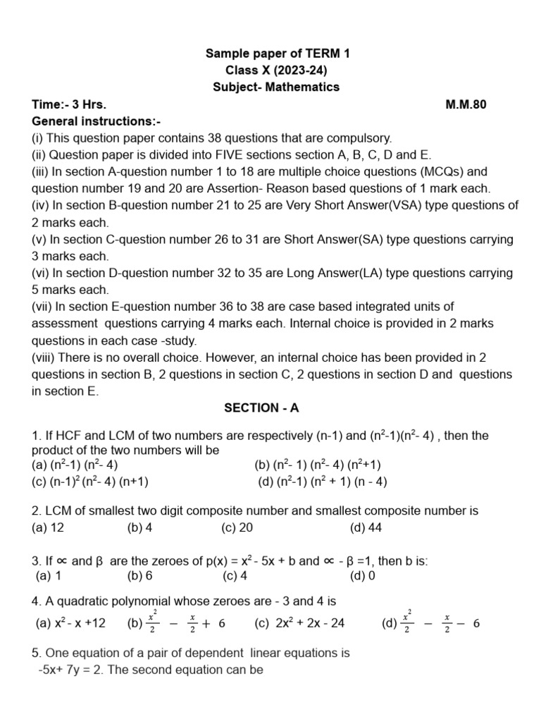 Class - X Sample Paper (Cluster2) | PDF | Equations | Quadratic Equation