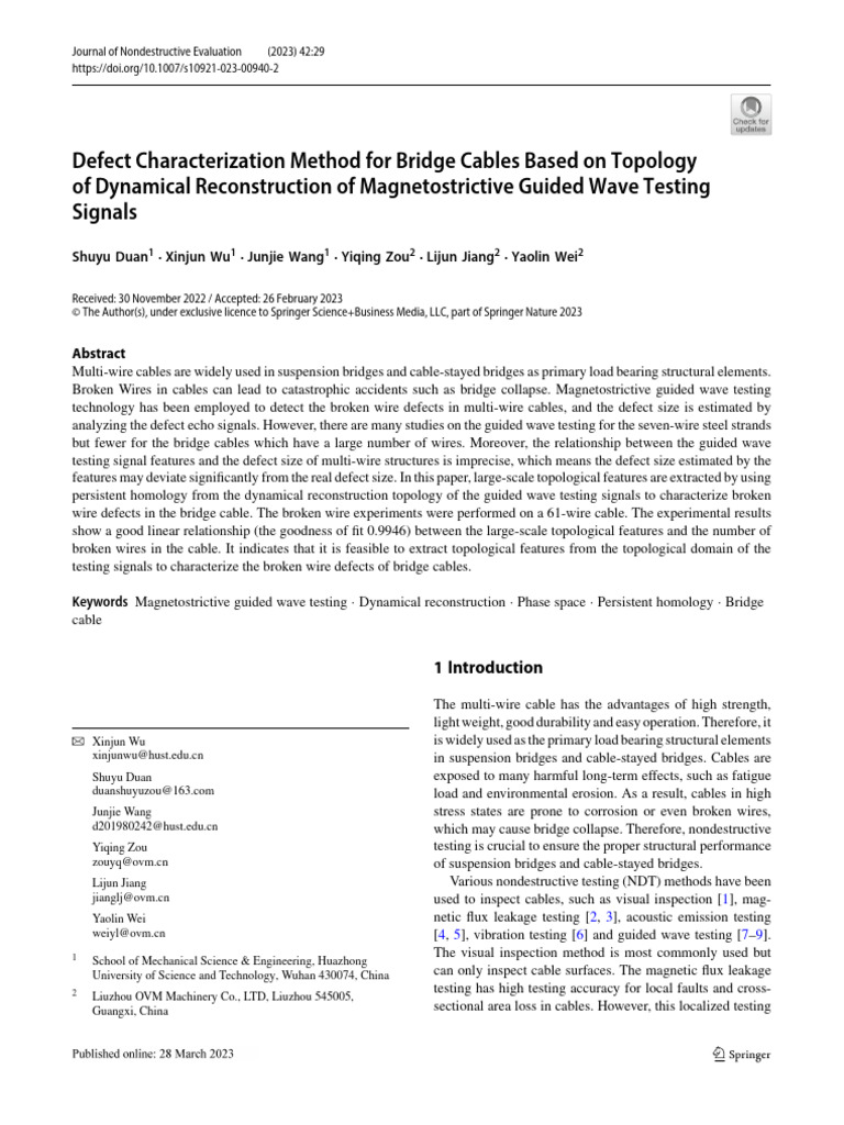 Defect Characterization Method For Bridge Cables Based On Topology Of Dynamical Reconstruction