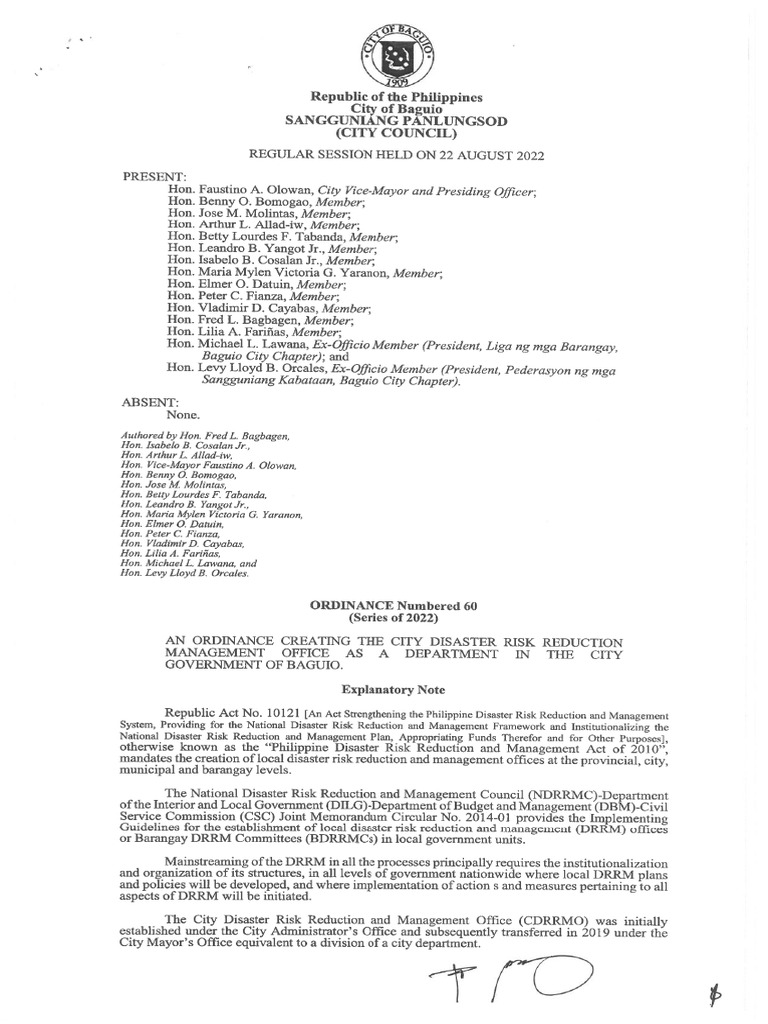 Ord No 60 s2022 - Cdrrmo Departmentalization | PDF