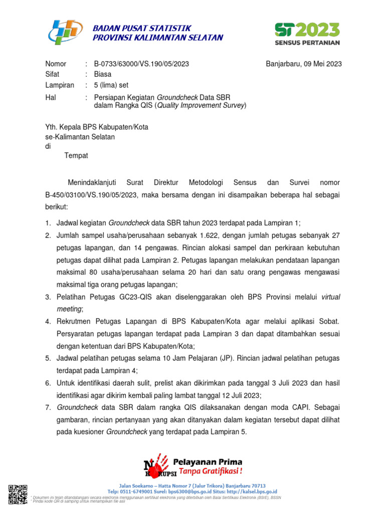 B-733 Persiapan Kegiatan Groundcheck Data SBR Dalam Rangka QIS (Signed) | PDF
