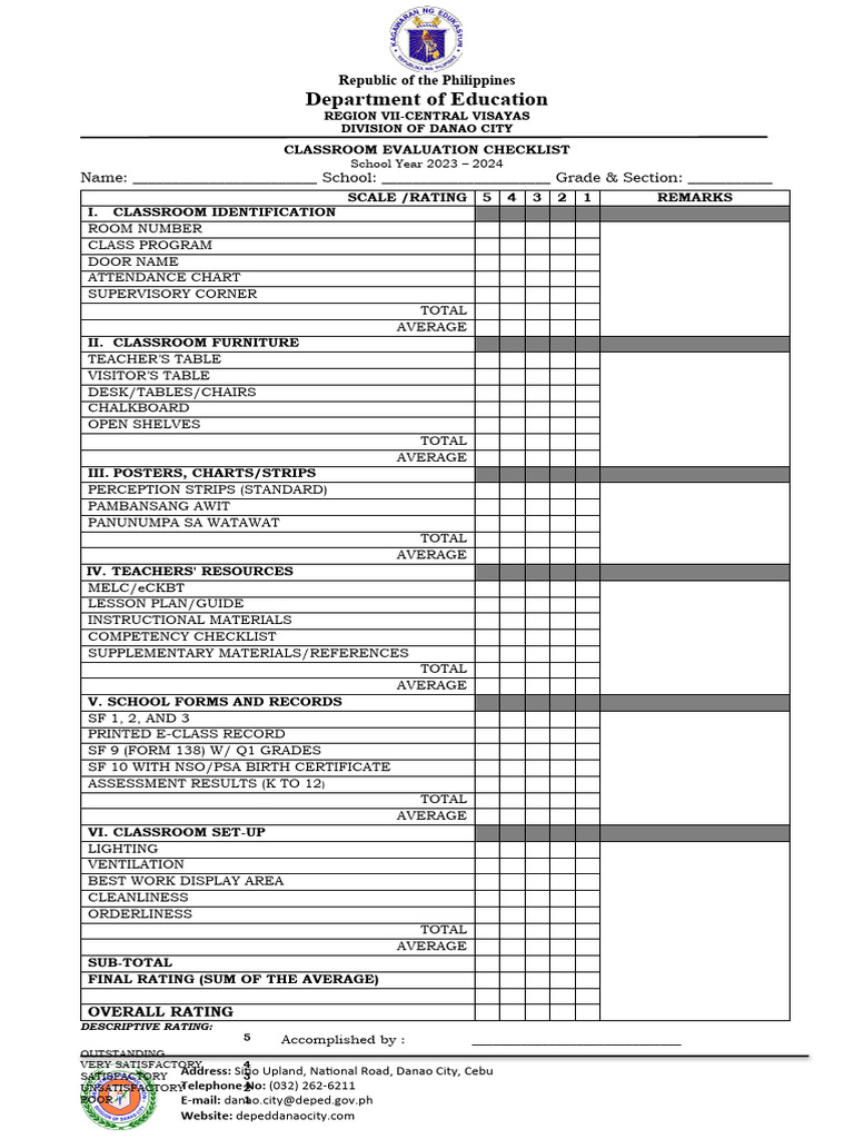 Final - Classroom Evaluation Checklist 2023 2024 | PDF | Classroom | Learning