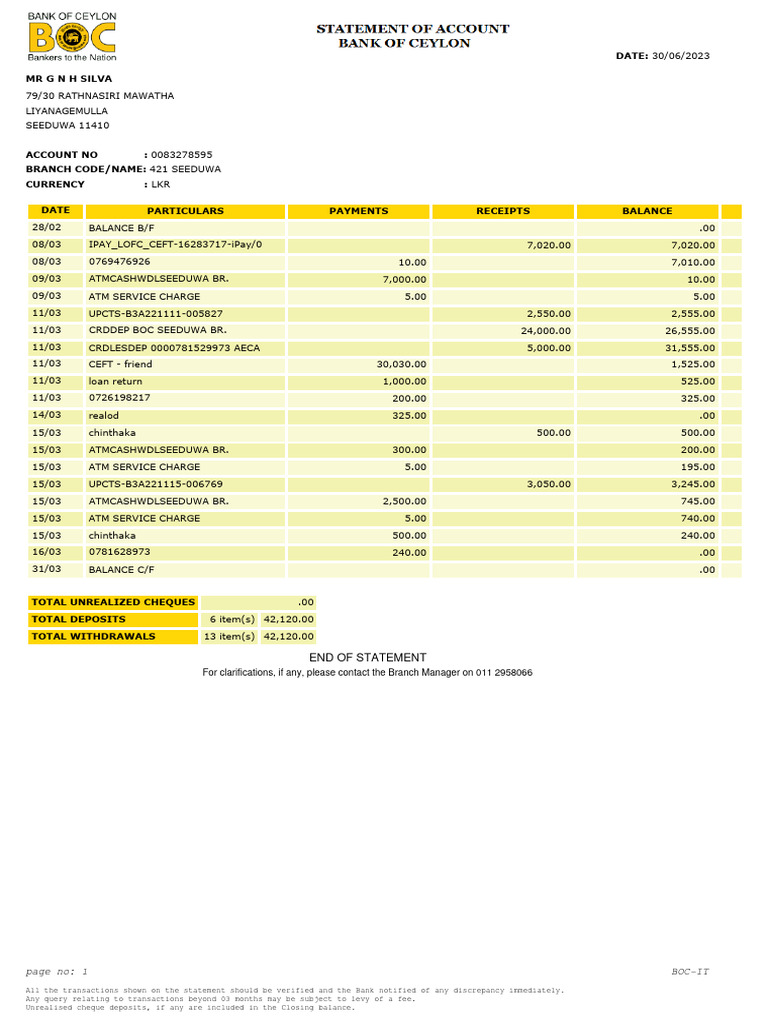 Statement | PDF | Deposit Account | Fee
