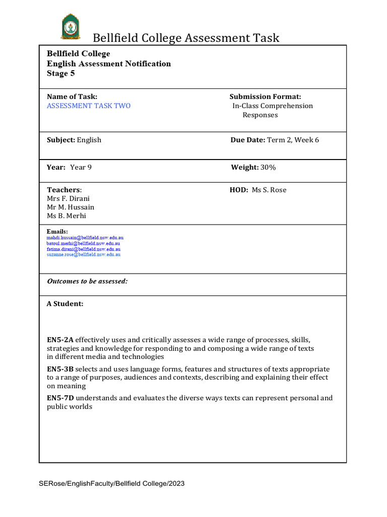 2023 Bellfield Year 9 English Assessment Task TWO Notification - Docx 2 3 | PDF | Reading ...