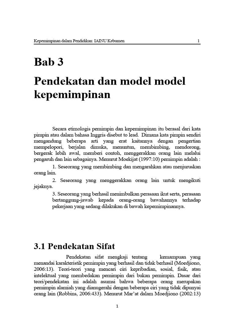 Pendekatan Dan Model Kepemimpinan | PDF