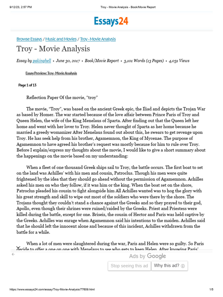 Troy Movie Summary and Analysis | PDF | Paris (Mythology) | Agamemnon