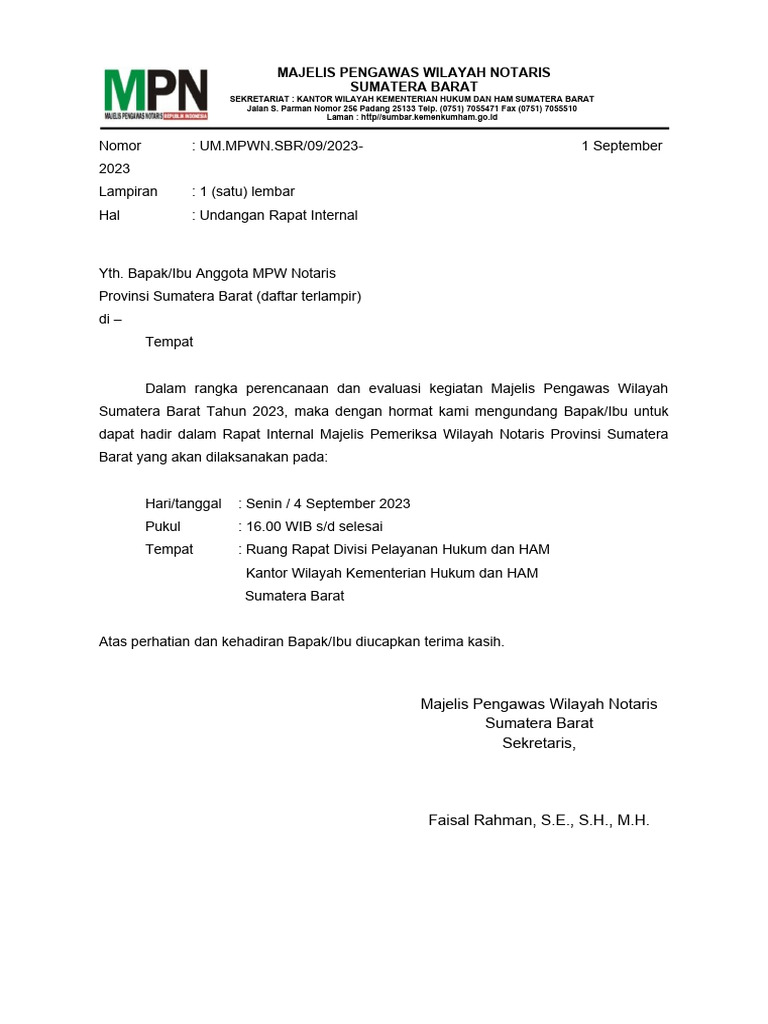 Undangan Rapat MPW Notaris Sumbar | PDF