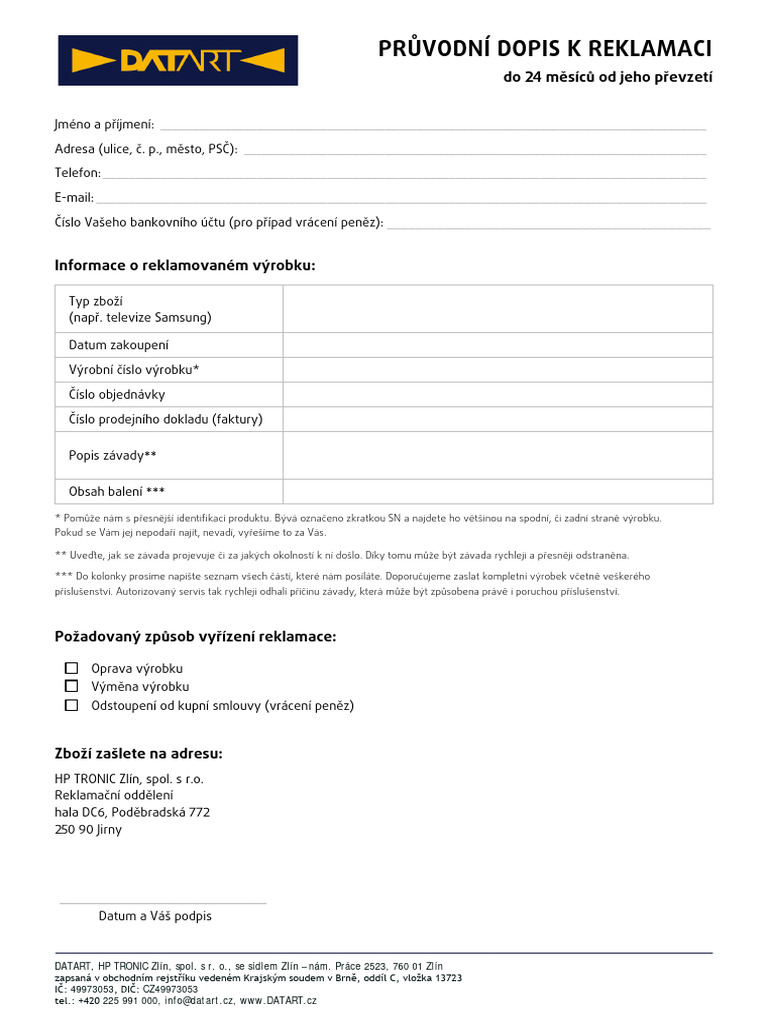 DATART CZ Formular Reklamace | PDF
