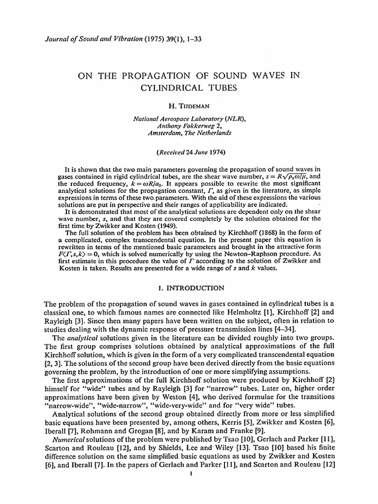 (Tijdeman, H) Sounc Waves in Cylindrical Tubes (1975) | PDF | Waves | Mechanics